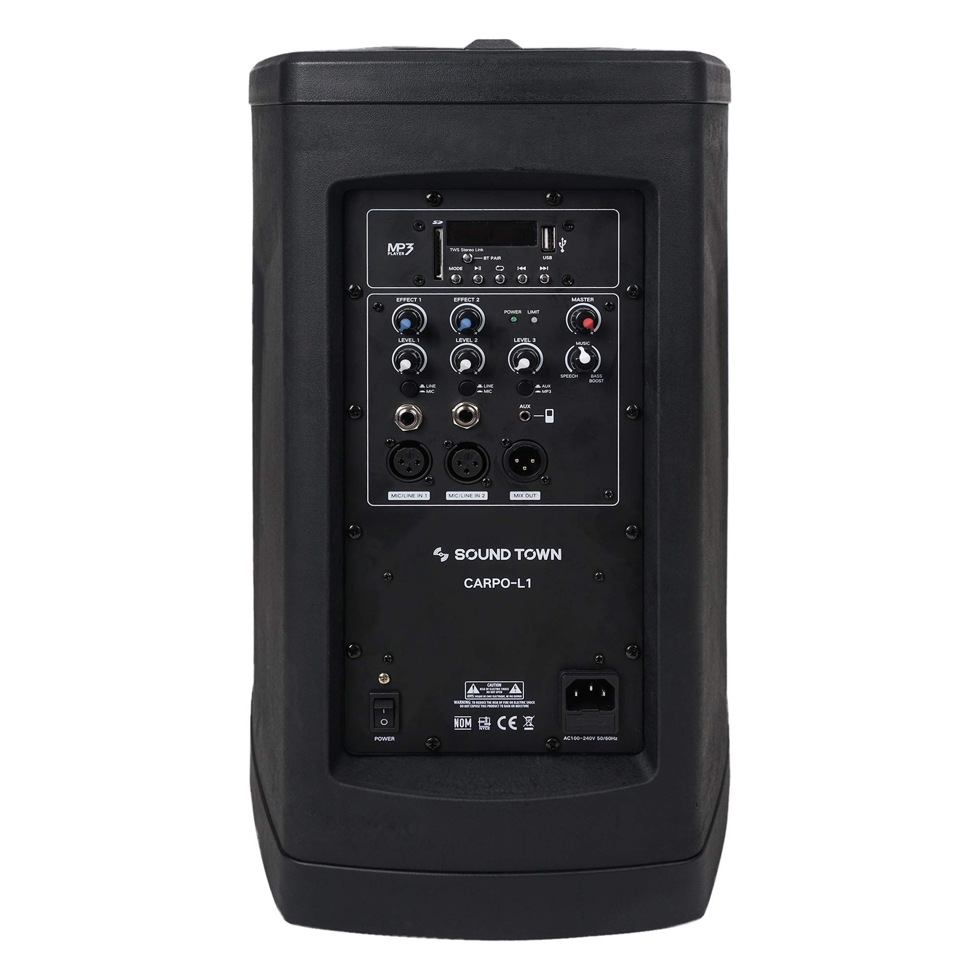 Sound Town Portable Line Array Column PA/DJ System with Sub Bass Module, TWS Bluetooth, Built-in 3-Channel Mixer, Carry Bag (CARPO-L1)