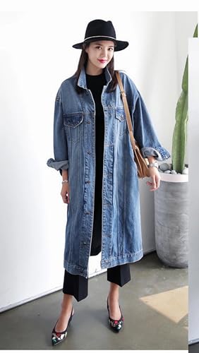 Jofemuho Womens Classic Long Jean Jacket Plus Size Loose Long Sleeve Button Down Denim Jacket Trench Coat Blue 3XL