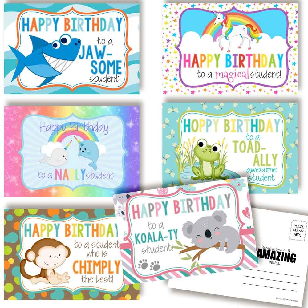 Funny Animal Puns Themed Happy Birthday From Teacher To Student Blank Postcards, 4"x6" Fill In Notecards (6 different designs) by AmandaCreation (30)