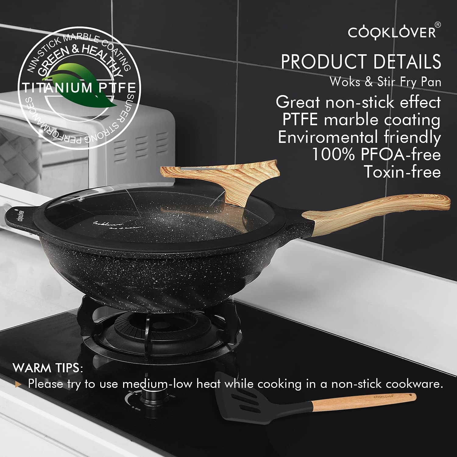 COOKLOVER Nonstick Induction Wok-12.6inch& 9.5 inch Nonstick Stir Fry Pan with Lid β Black