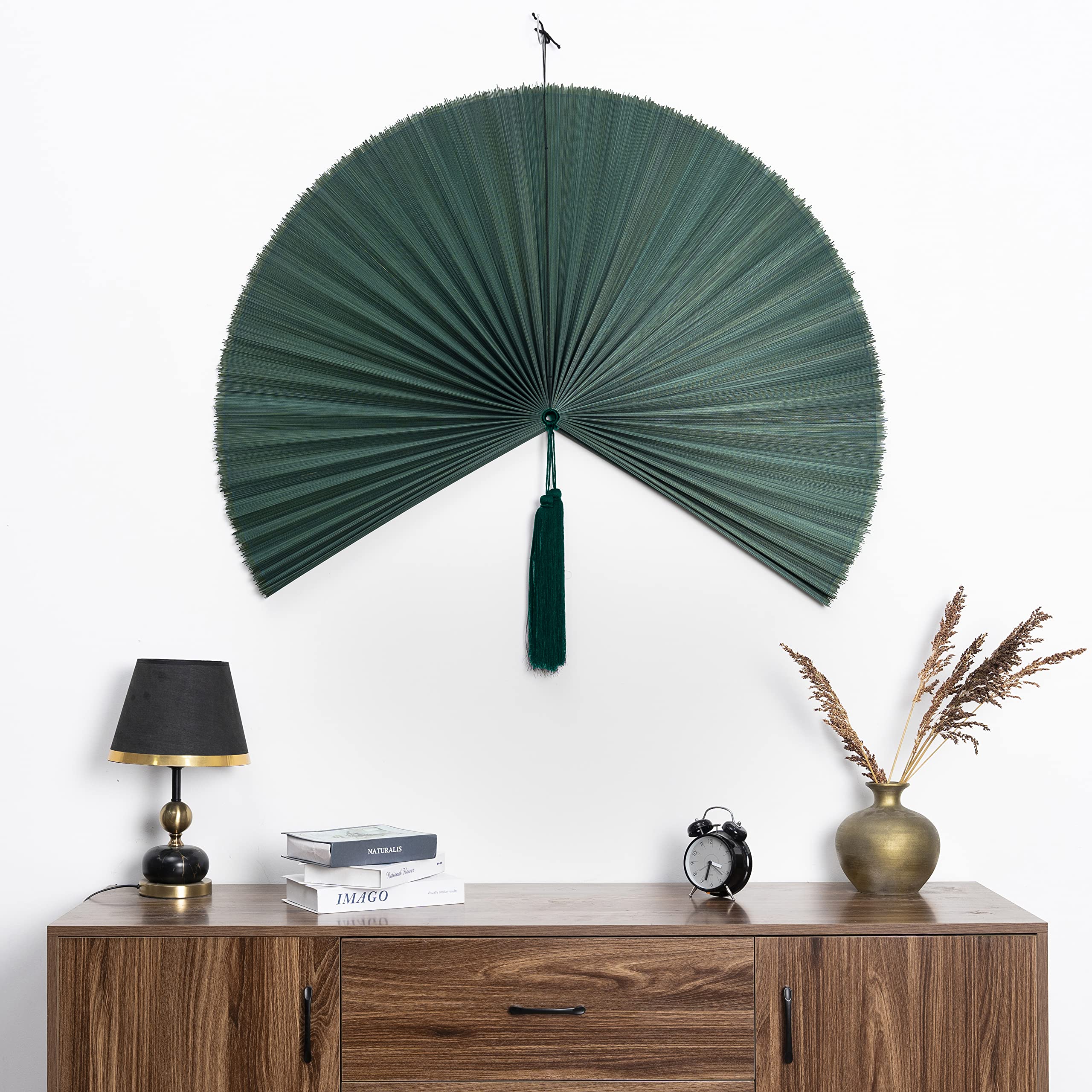 KOLWOVEN Rustic Fan - Bedroom Wall Decor Above Bed -Giant Bamboo Fan - Over Bed Wall Decor- Beautiful Wall Art for Apartment, Room, Home Decoration (Extra Large 47''x24'', Dark Teal)