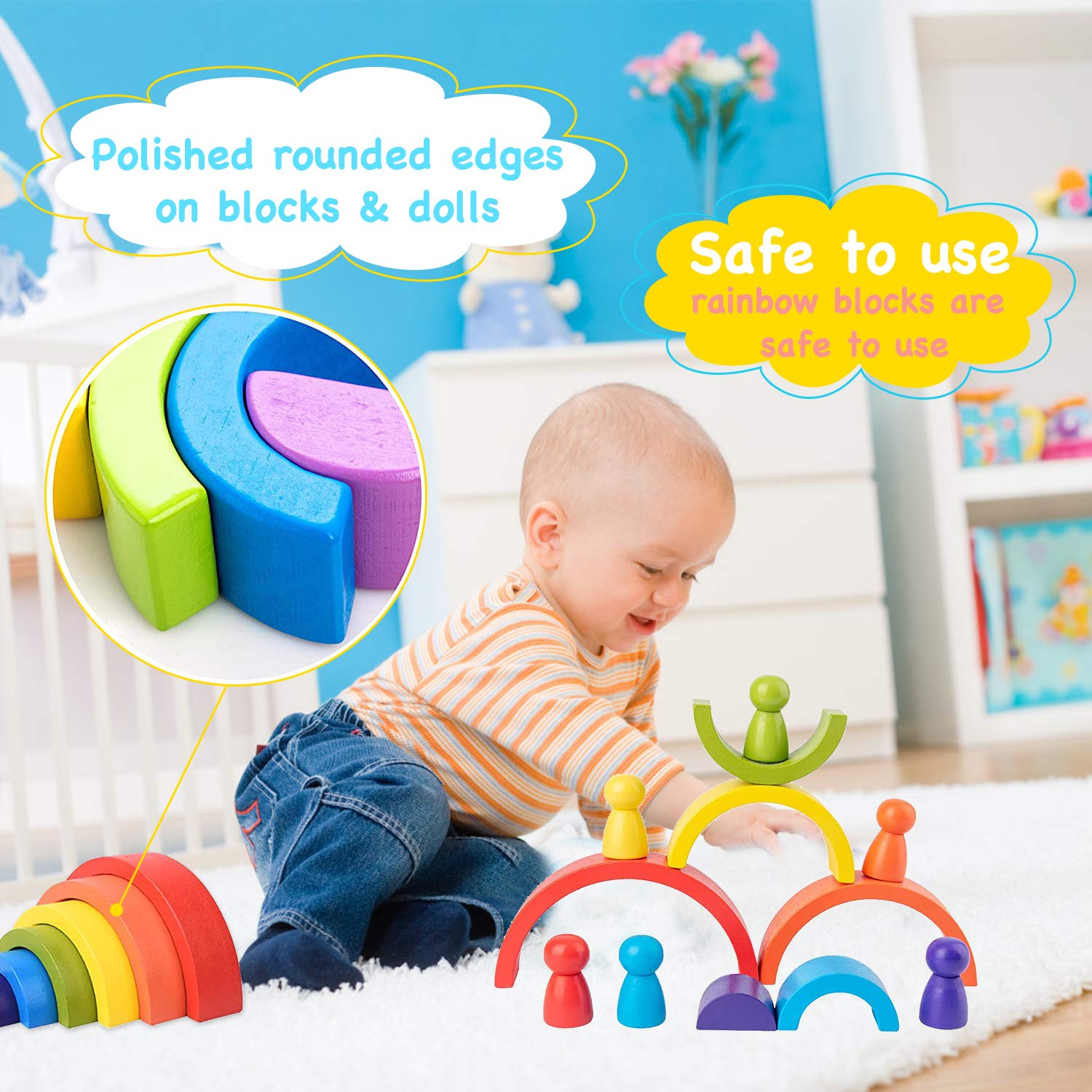 SGVV90 Wooden Rainbow Stacking Game Learning Toy Geometry Building Blocks,Montessori Learning Educational Toys