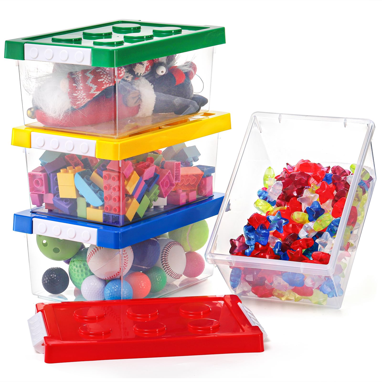 Eorbow 4 Pack Toy Storage Organizer Bins with Lid, Brick Shaped Toy Containers, Stackable Plastic Storage Box Set, Clear Toy Chest for Organizing Building Brick, Toys, Small Dolls, 4 Colors