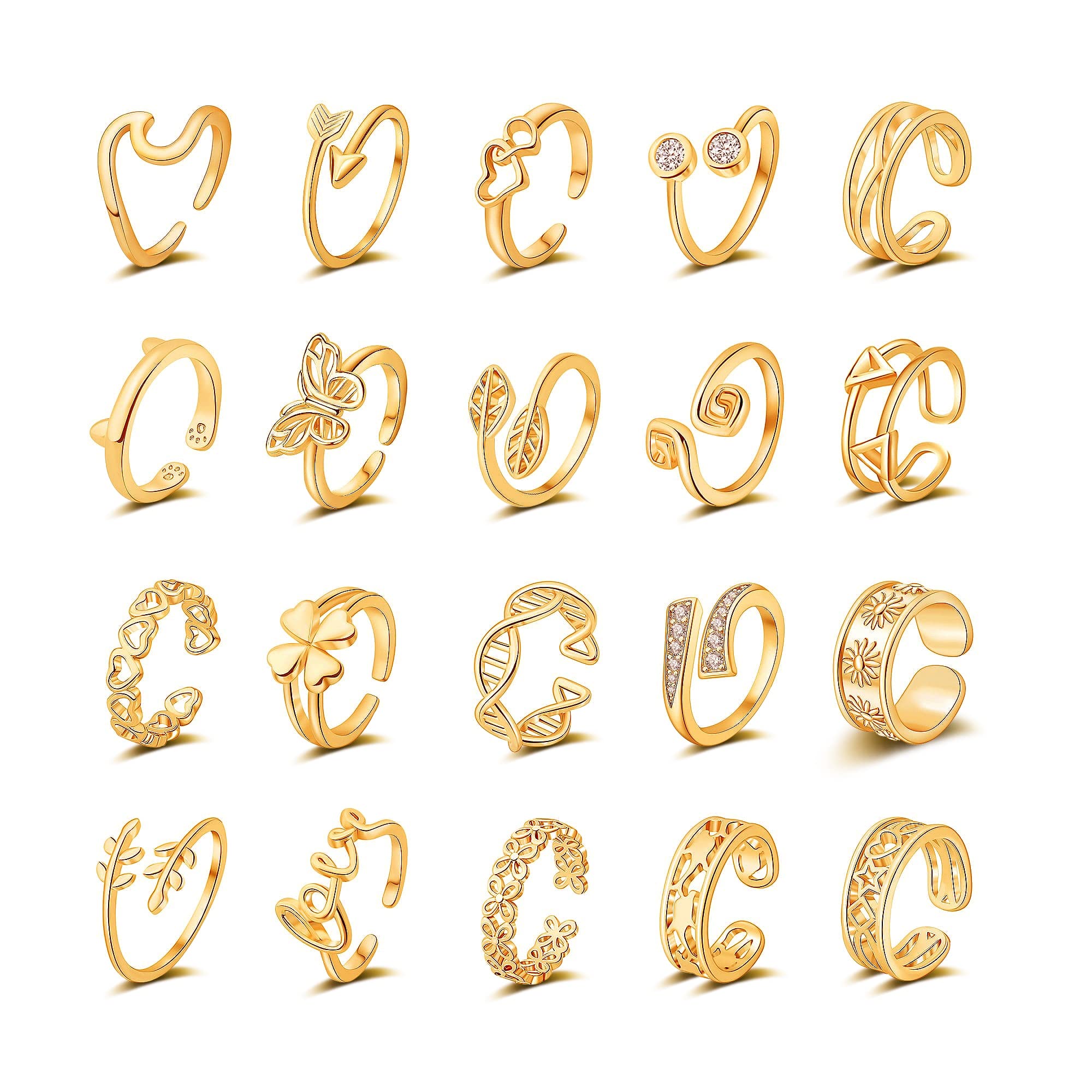 BOMOGLE 20pcs Adjustable Toe Rings for Women Arrow Wave Moon Star Butterfly Heart Leaf Gold Silver Rose Gold Open Tail Ring Beach Foot Jewelry Set