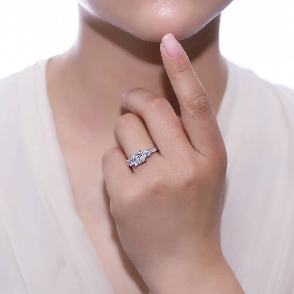 BERRICLE Sterling Silver 3-Stone Wedding Engagement Rings Princess Cut Cubic Zirconia CZ Ring for Women, Rhodium Plated Size 7.5