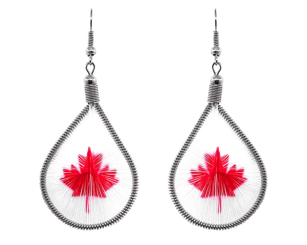 Canadian Flag Maple Leaf Graphic Silk Thread Teardrop Dangle Earrings - Womens Fashion Handmade Jewelry Nationality Accessories (White/Red)