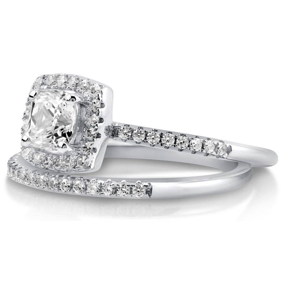 BERRICLE Sterling Silver Halo Wedding Engagement Rings Cushion Cut Cubic Zirconia CZ Ring Set for Women, Rhodium Plated Size 7