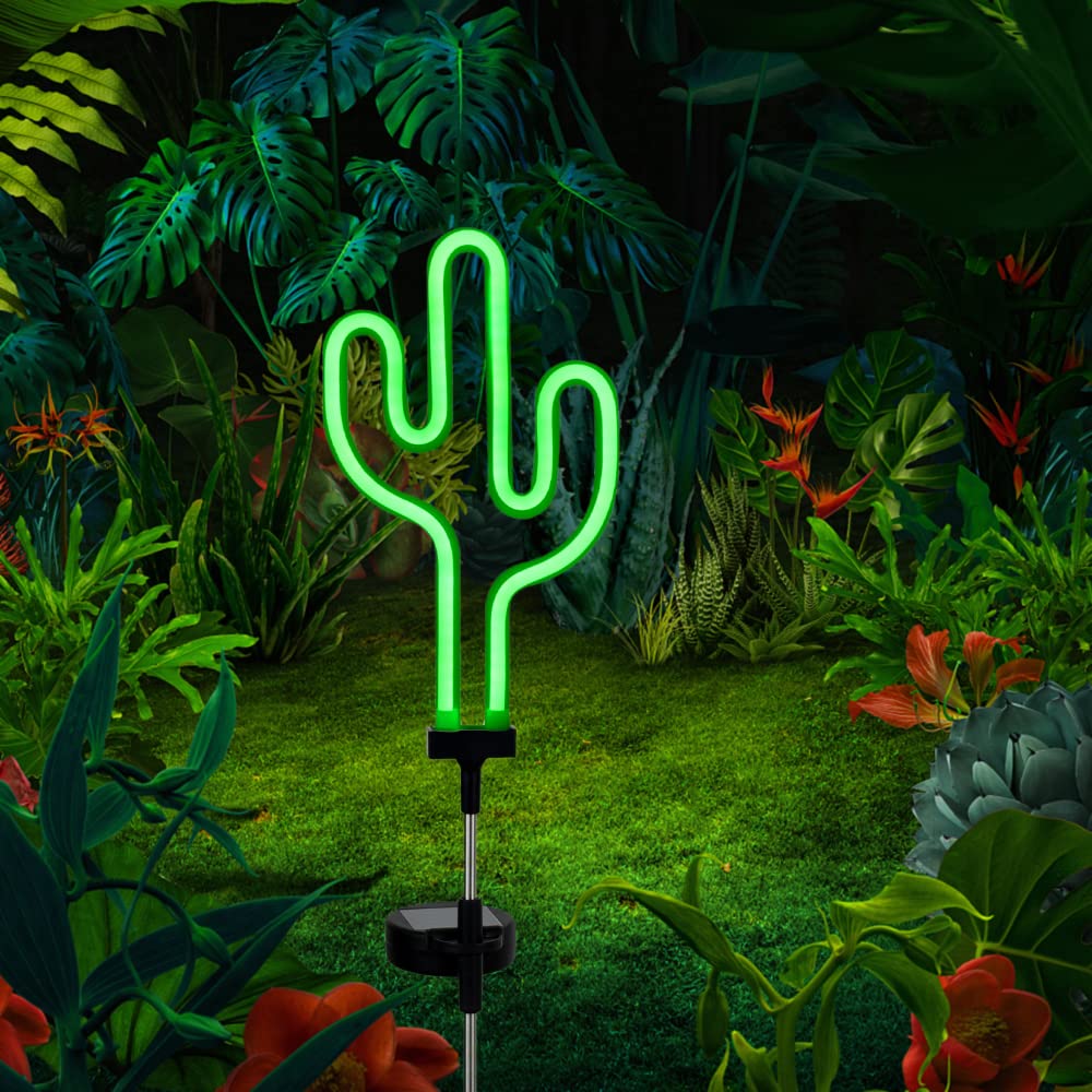 SVEIKS Solar Cactus Garden Stake Lights, Green Cacti Lighting Solar Pathway Lights Outdoor Waterproof LED Neon Strip for Courtyard Patio Lawn Flowerbed Landscape, 30" Tall (2 Pack)