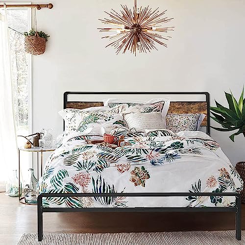JOM Full Size Bed Frame with Headboard and Storage No Box Spring Needed Metal & Wood Platform Double Bedframe Black