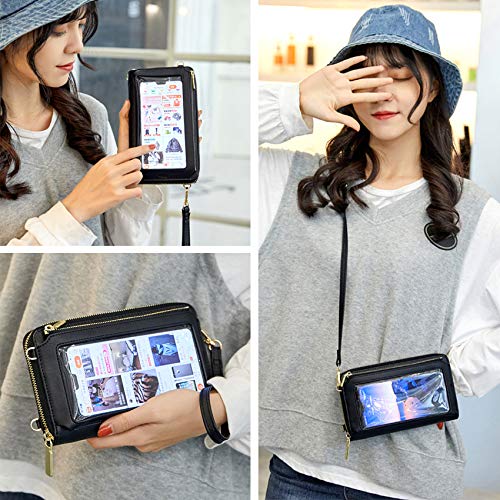 Small Touch Screen Phone Bag for Women, Zipper Crossbody Purse Leather Shoulder Bag RFID Blocking Wallet Handbag(T-Black)