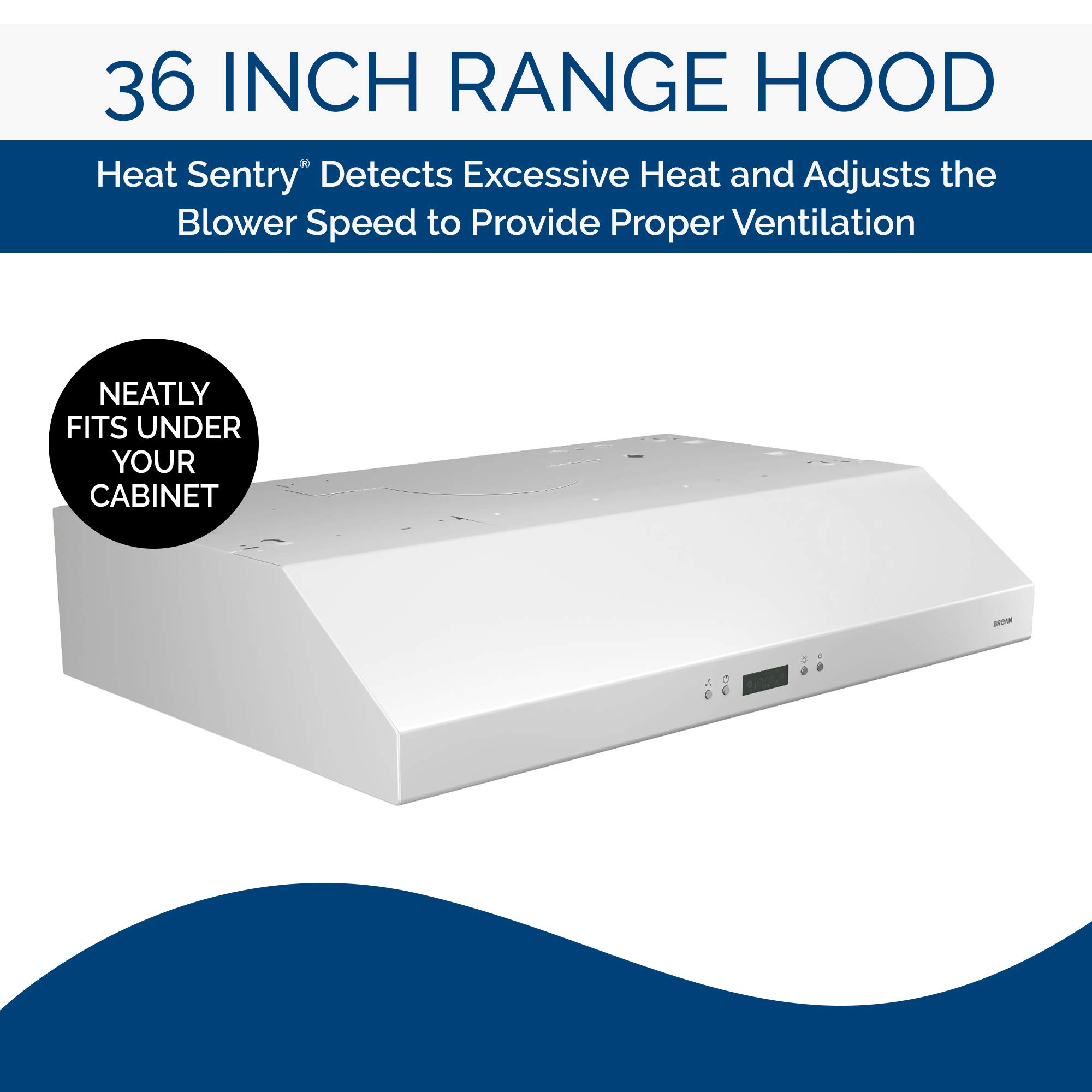 Broan-NuTone BCDJ136WH BCDJ Glacier 36-inch Under-Cabinet 4-Way Convertible Range Hood with 3-Speed Exhaust Fan and Light, White