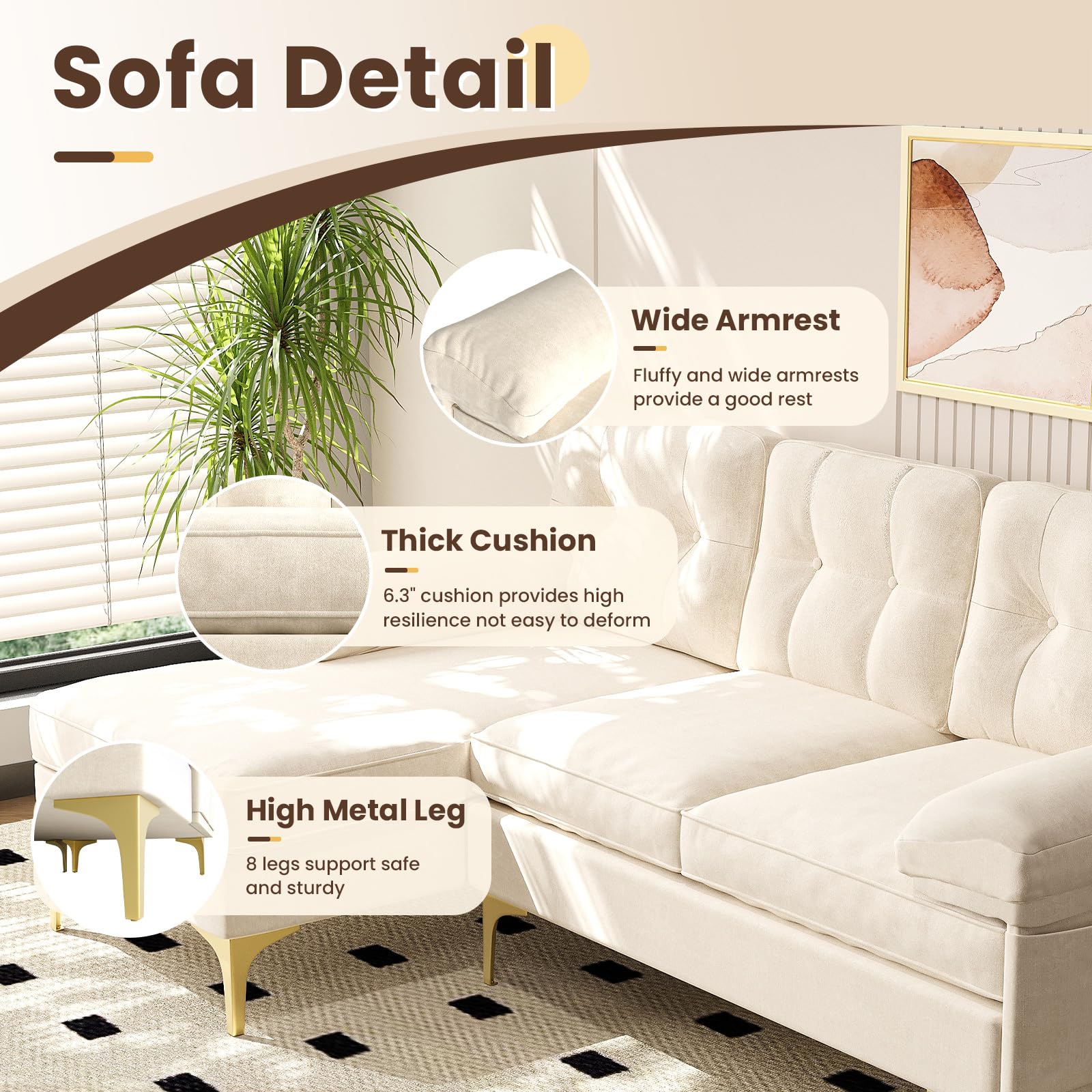 Fiona's magic L Shape Couch with Chenille Fabric, Convertible Sectional Sofa Couch for Living Room with Reversible Chaise, 3-Seat Modern Couch with Removable Cushion for Small Apartment