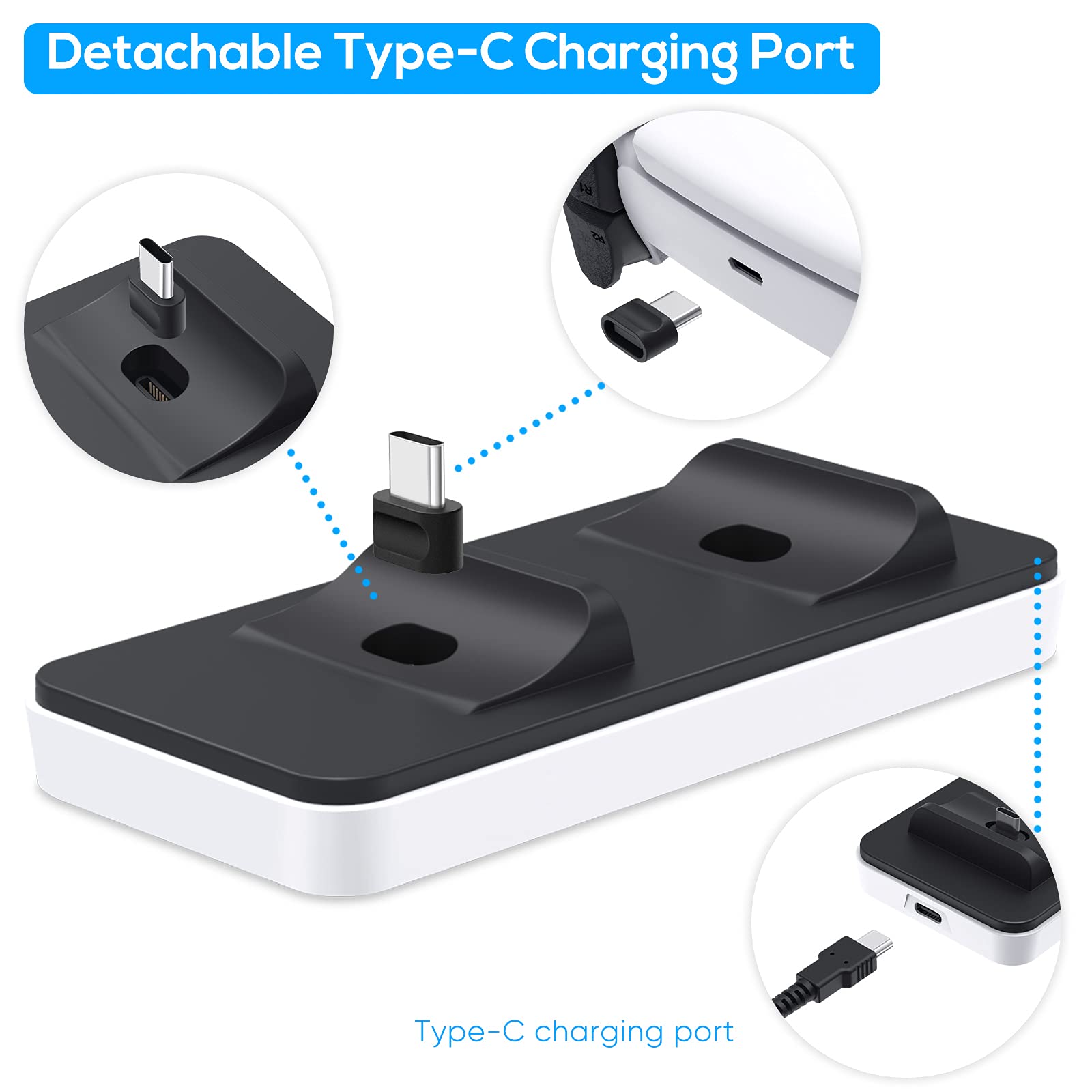 Charger Compatible with PS5 Controller, YUANHOT Charging Station with Dual Detachable USB C Ports