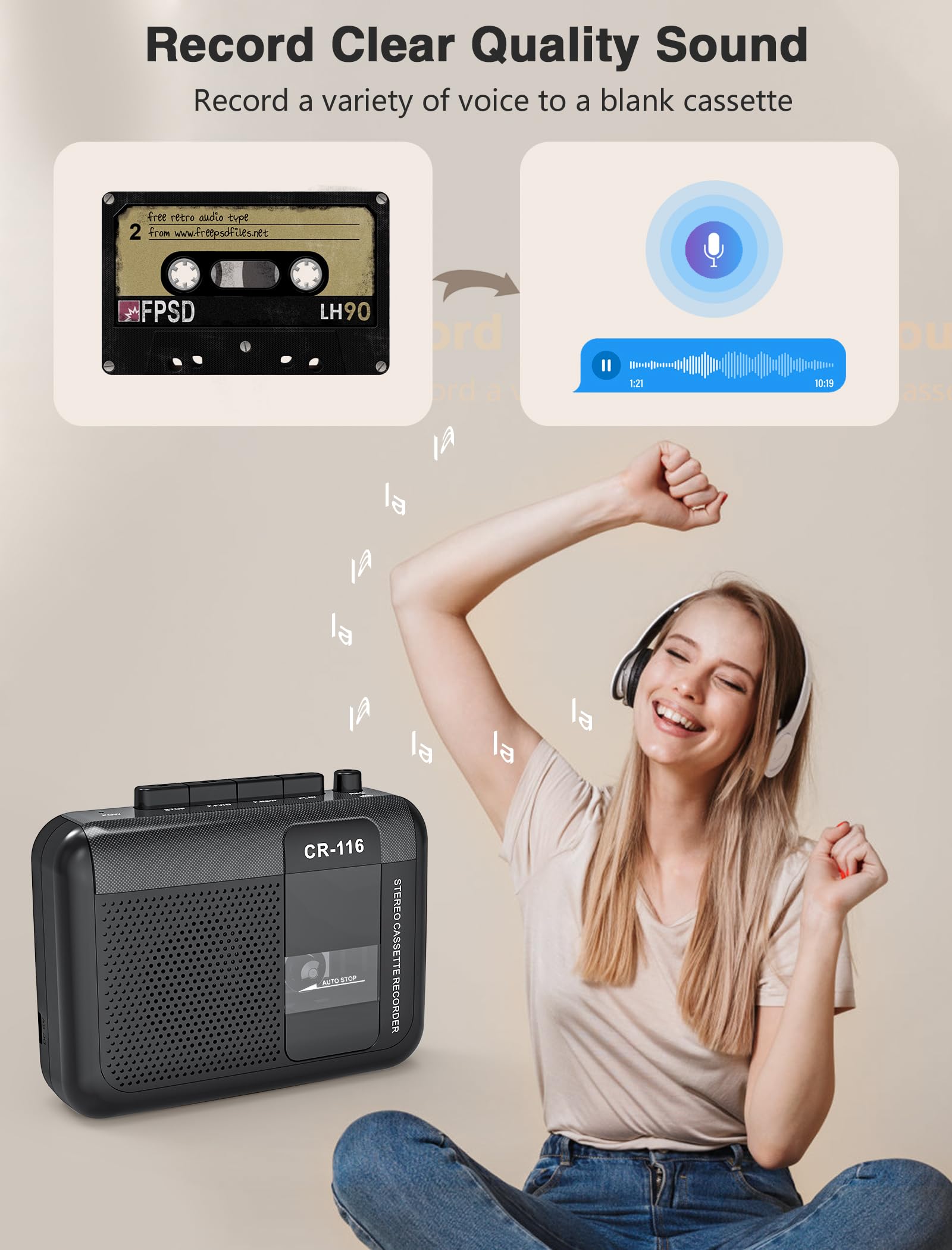Cassette Player-Walkman Tape Recorder with Built-in Mic External Clear Speakers and Earphone Jack