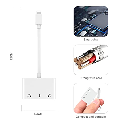 FEINODI Dual 3.5mm iPhone Headphone Splitter, 3 in 1 iPhone Adapter for Headphone Jack, with Charging iPhone Splitter, Compatible with iPhone 13/12/11/X/8/8plus/7/7plus/iPad-Support iOS 15
