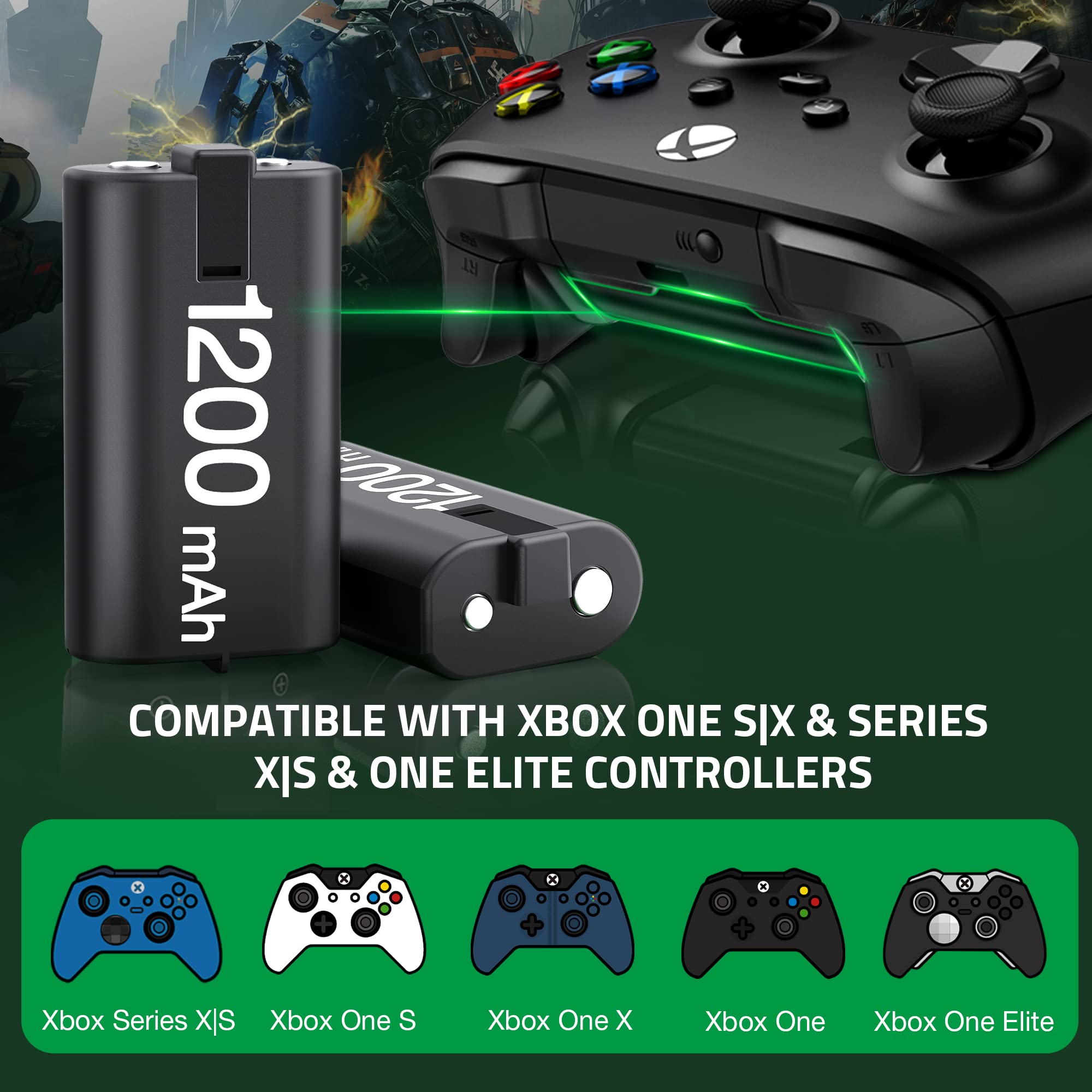 Charger for Xbox One Controller Battery Pack, 4X 1200mAh Xbox Rechargeable Battery Pack for Xbox 1, Xbox One Battery Charging Accessories Kit for for Xbox Series X|S/One S|X/One Elite Controllers