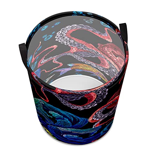 Laundry Basket Hamper with Handles Ocean Octopus Waves Fish Canvas Freestanding Dirty Clothes Hampers Waterproof Lightweight Large Storage Basket for Bedroom Dorm Clothes Towels Toys Organizer
