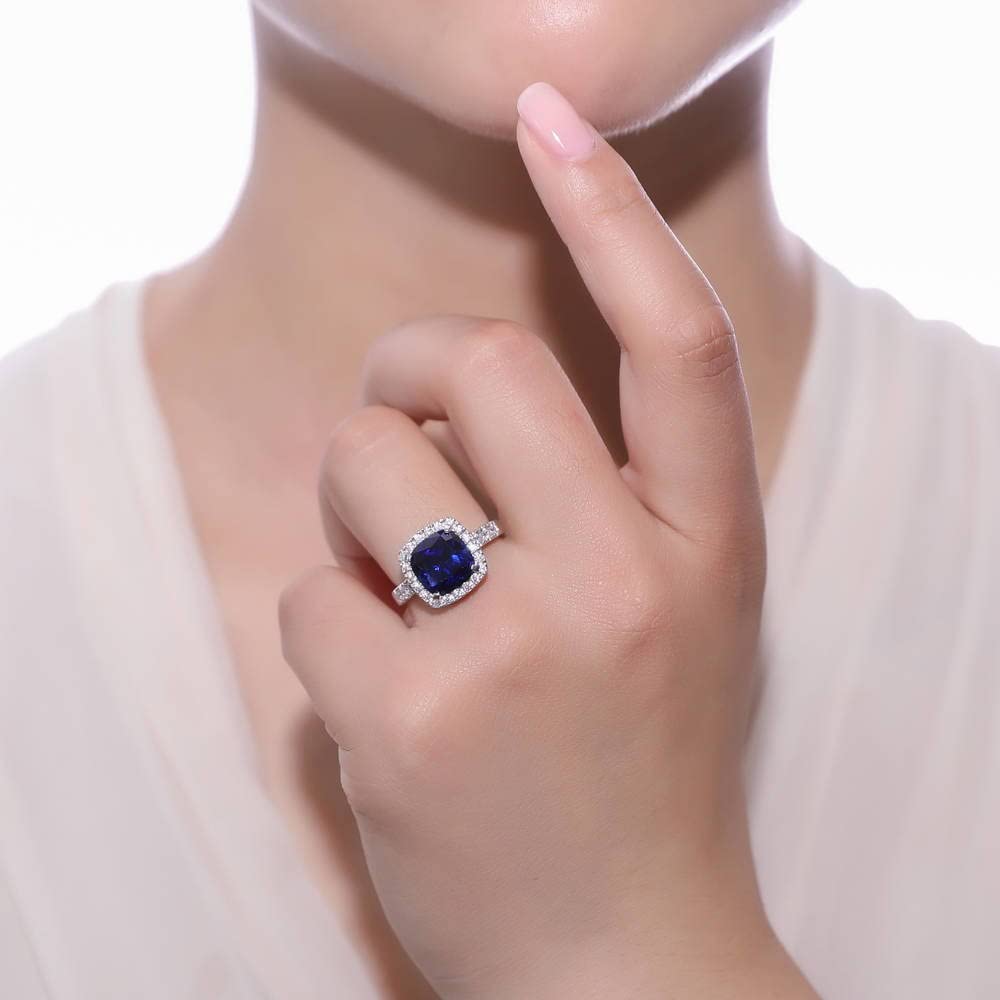 BERRICLE Sterling Silver Halo Simulated Blue Sapphire Cushion Cut Cubic Zirconia CZ Statement Cocktail Fashion Ring for Women, Rhodium Plated Size 6