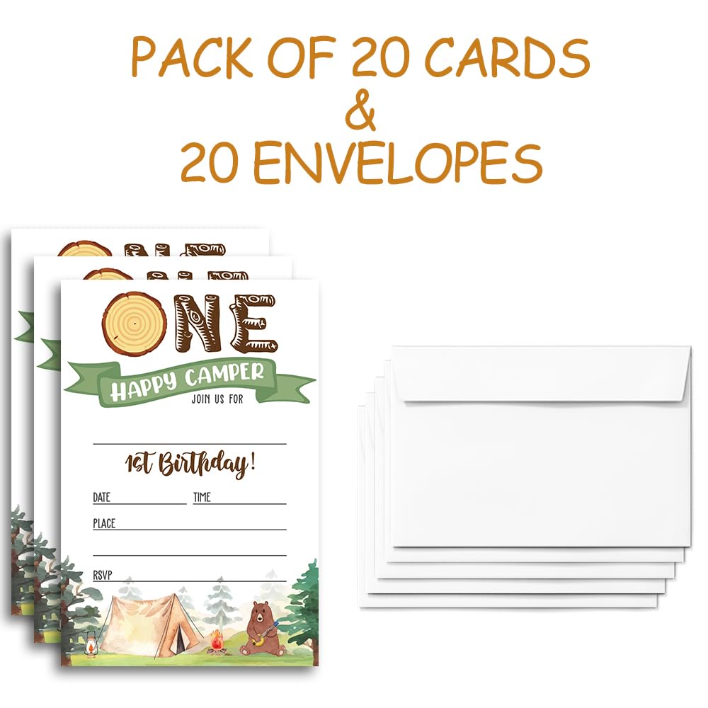 FujLoy Happy Camper Invitation, One Happy Camper Birthday Invitation, Camper Party Invitations cards.(069)