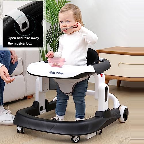 Marzviyia 4-in-1 Baby Walker with Wheels, Foldable Baby Push Walker with Adjustable Height & Speed, Standing Activity Center with Music & Lights,Silent Grey