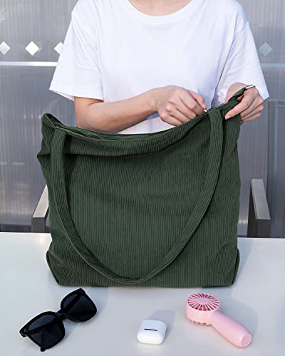 Iioscre Corduroy Tote Bag for Women,Tote Bag with Zipper,Large Capacity Casual Shoulder Handbags with Inner Pockets