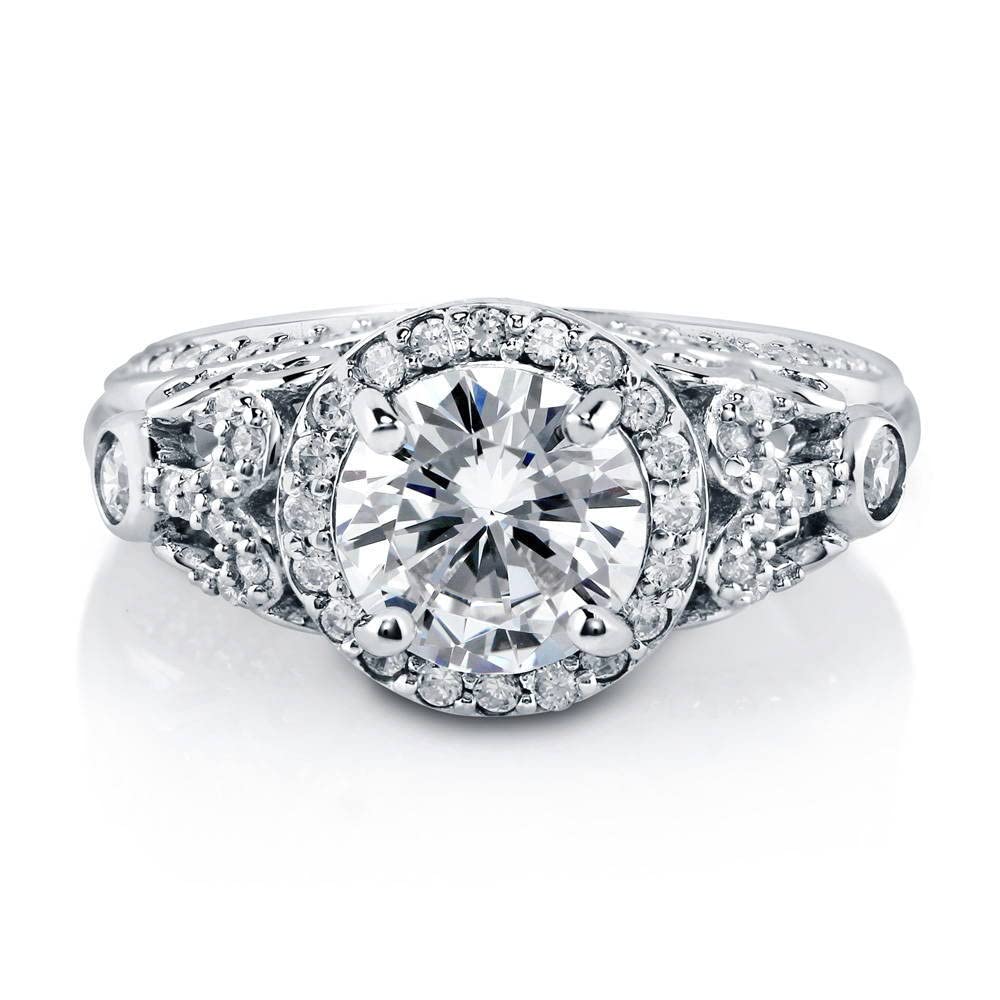 BERRICLE Sterling Silver Halo Wedding Engagement Rings Round Cubic Zirconia CZ Art Deco Ring for Women, Rhodium Plated Size 5
