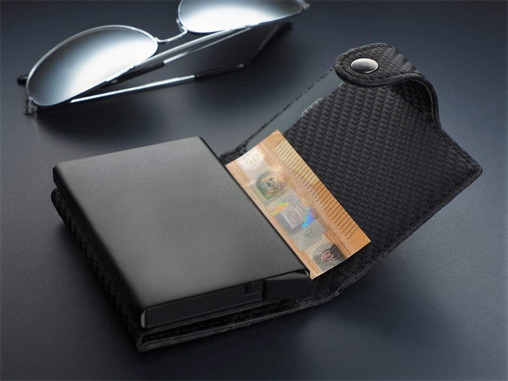 PULARYS Mini Wallet CARBON - Card Case Made of Carbon Eco-Leather - RFID blocking - Size: 7.5 x 9.5 x 2.5 cm - Space for up to 9 Cards - One Note Compartment Secured with Snap Closure