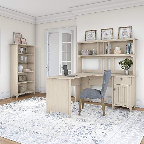 Bush Furniture Salinas 60W L Shaped Desk with Hutch and 5 Shelf Bookcase in Antique White