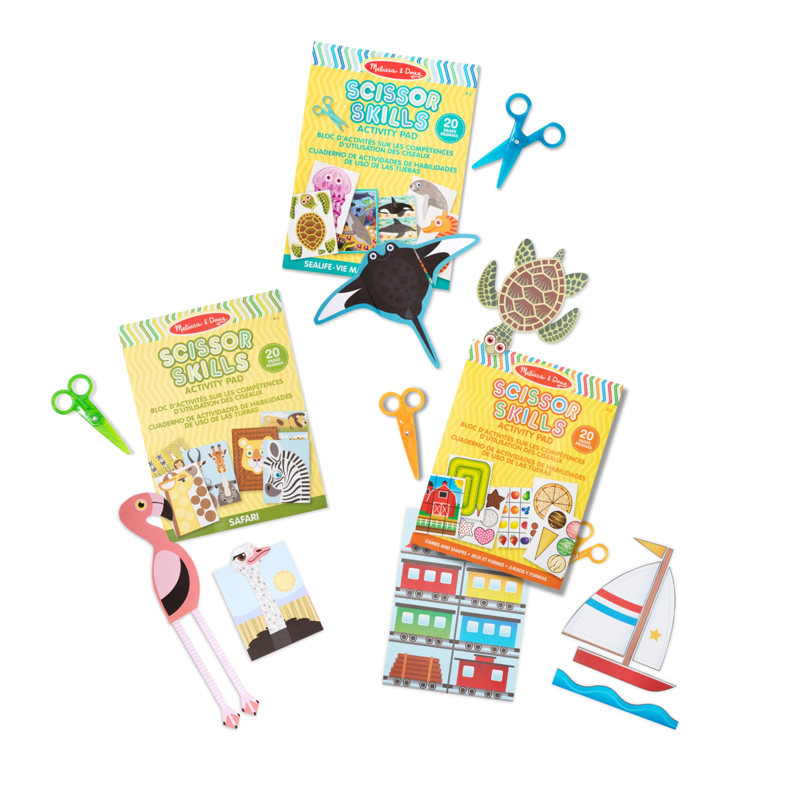 Melissa & Doug Scissor Skills Activity Pad with Child-Safe Scissors 3-Pack (Safari, Sea Life, Activities β 20 Pages Each)