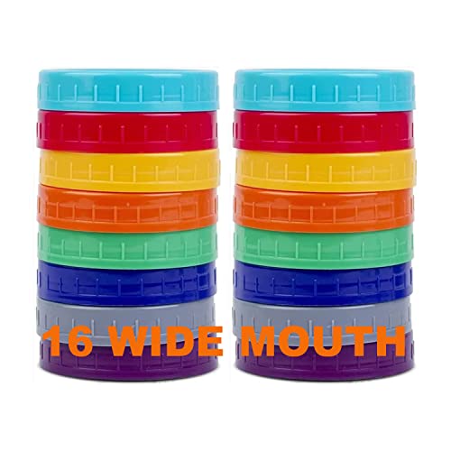 Mason Jar Lids - Compatible with Ball, Kerr, and Other Brands - Vibrant Colored Plastic Caps for Canning and Storage Jars - Airtight and Spill-Proof - Pack of 16 (Wide Mouth - 3.38in)