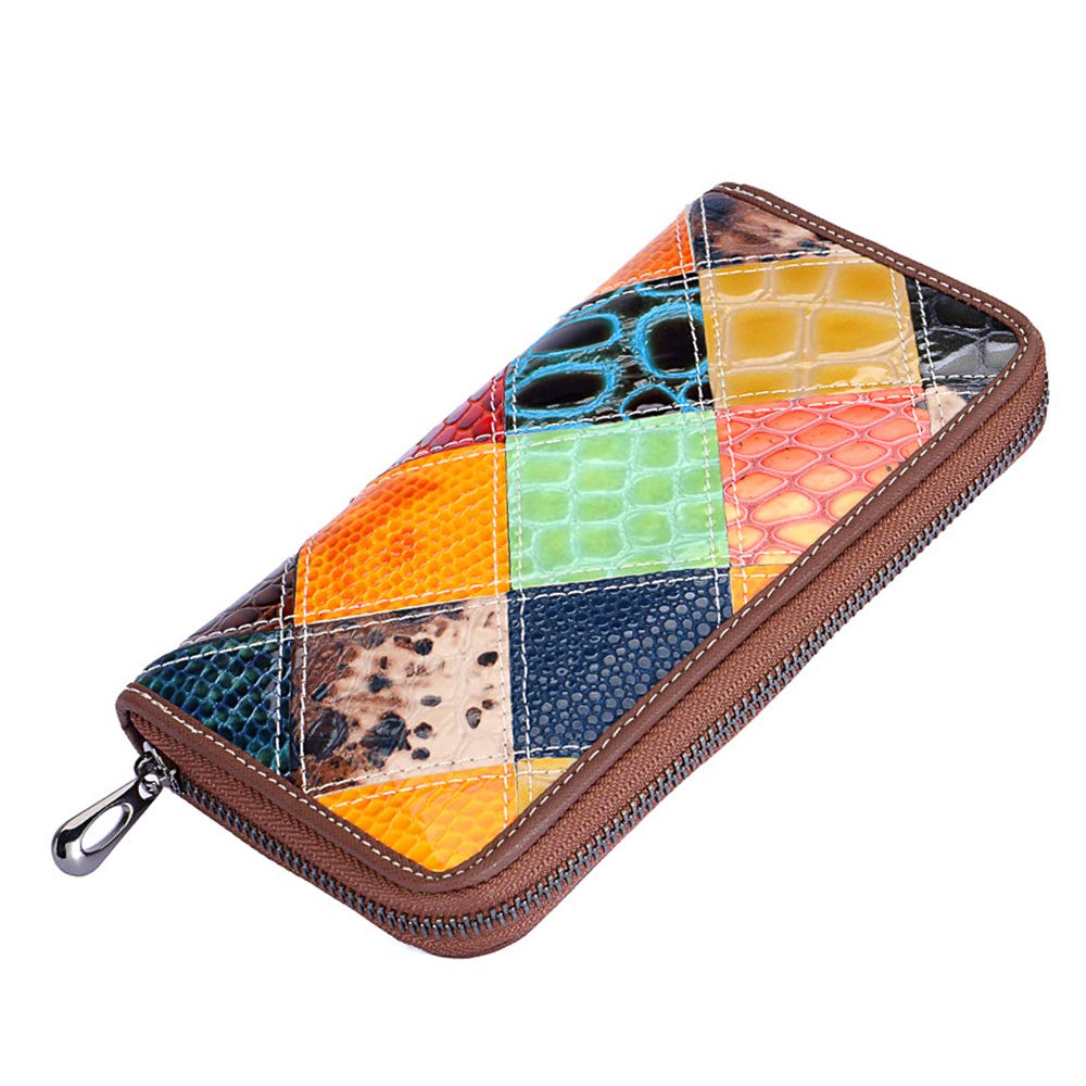 Segater® Women Multicolor Wallets Genuine Leather Colorful Splice Bag Card Holder Organizer Purses Zip Around Phone Clutch Large Long Purse