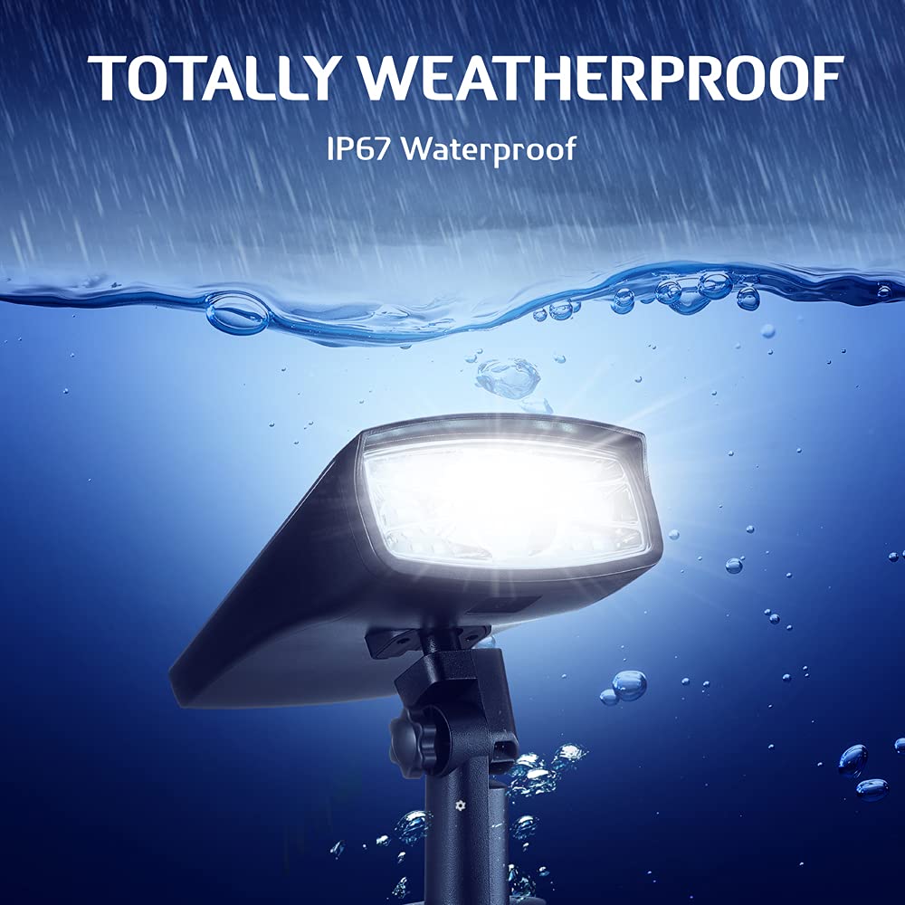 Solar Spot Lights Outdoor, SainSonic IP67 Waterproof Spotlights with a No Peeling Panel and Screwless Design for Long Life, LED Garden Wall Yard Pool Landscape Lighting, 700 Lumens Cool White, 2 Packs