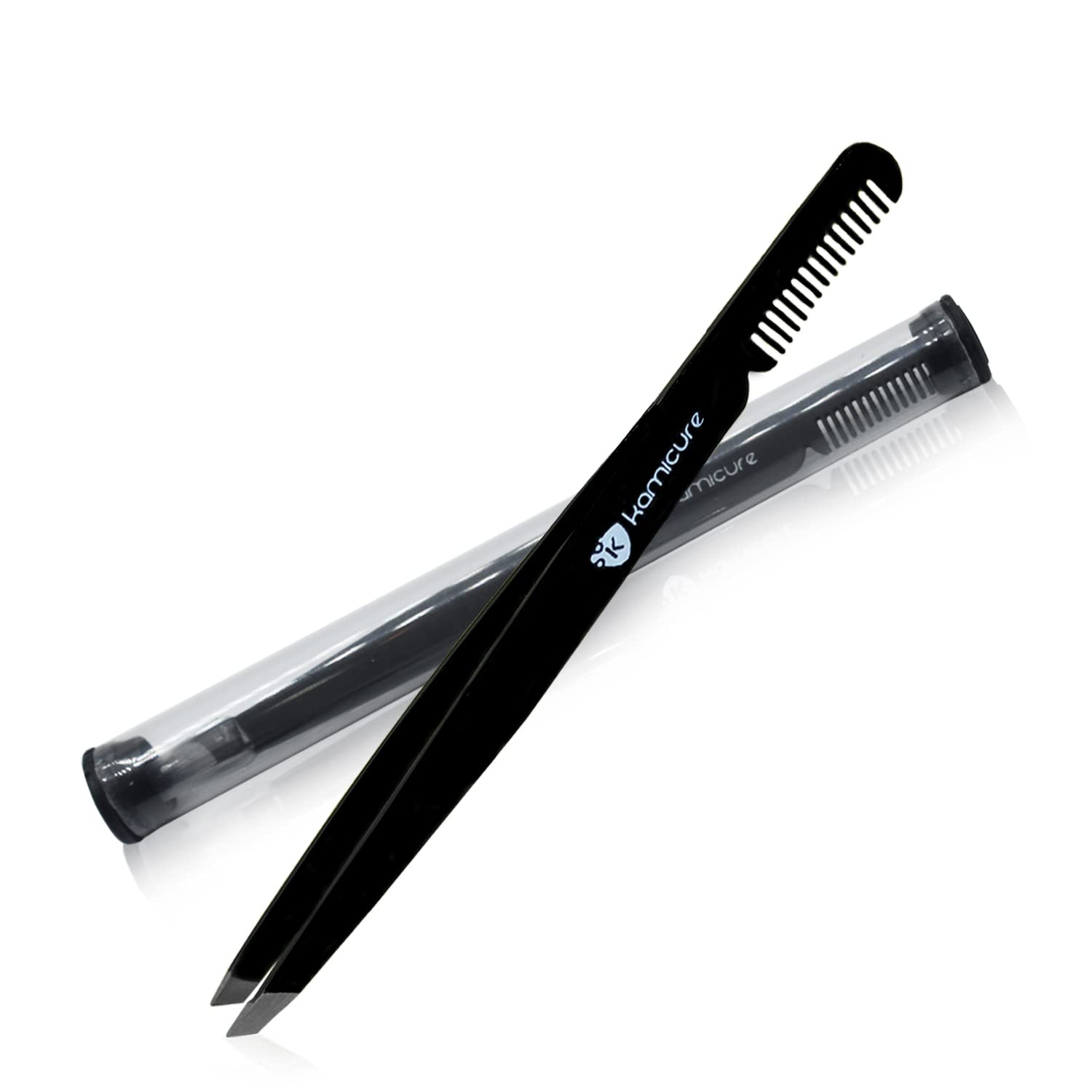 KAMICURE - Professional Tweezers with Comb Feature, Eyebrow Tweezers for Women Facial Hair Slant Tip Stainless Steel Ingrown Hair Tweezer