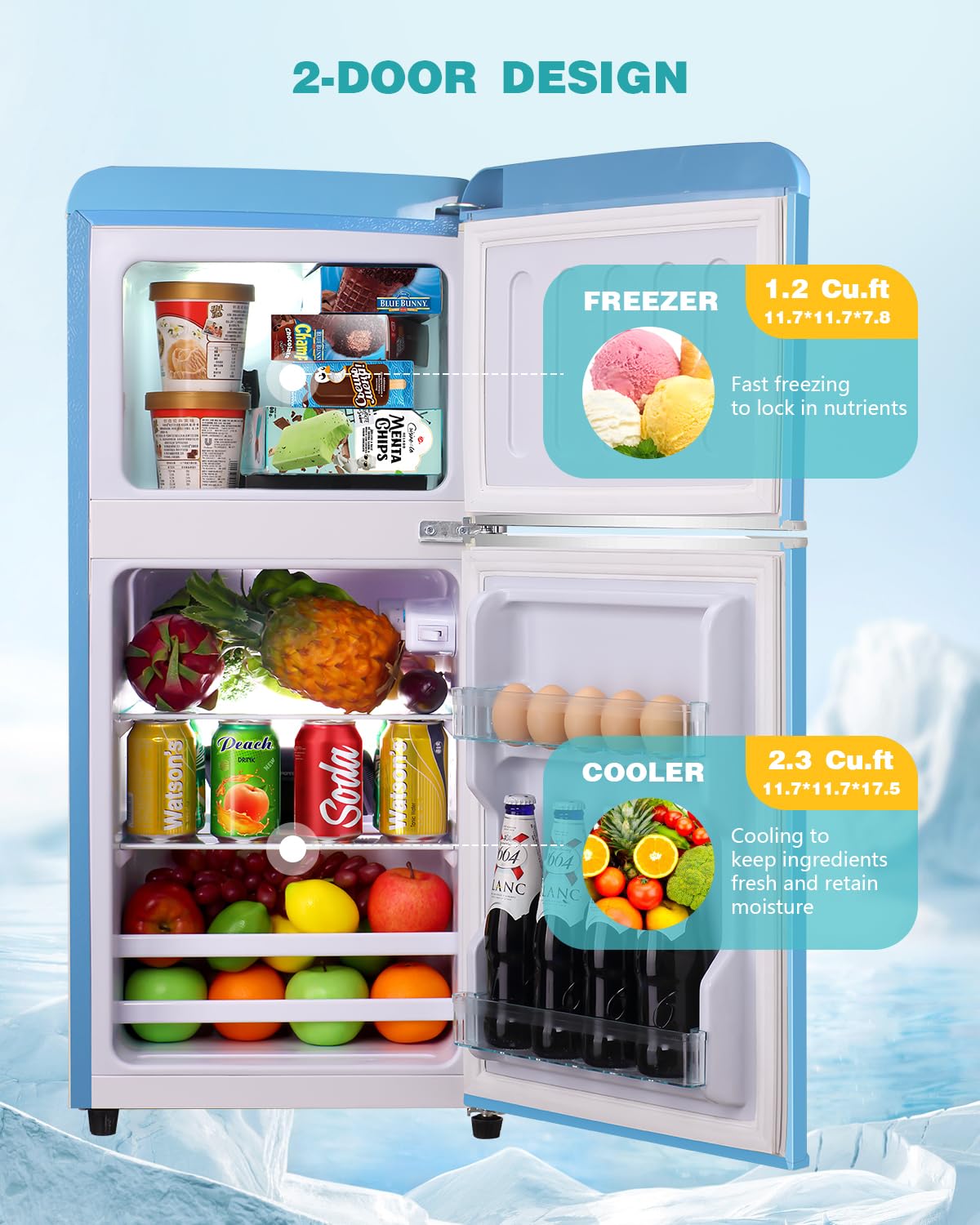EUASOO FLS-80-Blue 3.5Cu.Ft Compact Refrigerator, Small Refrigerator with freezer, Retro Fridge with Dual Door, 7 Level Adjustable Thermostat for Garage, Dorm,Bedroom, Office