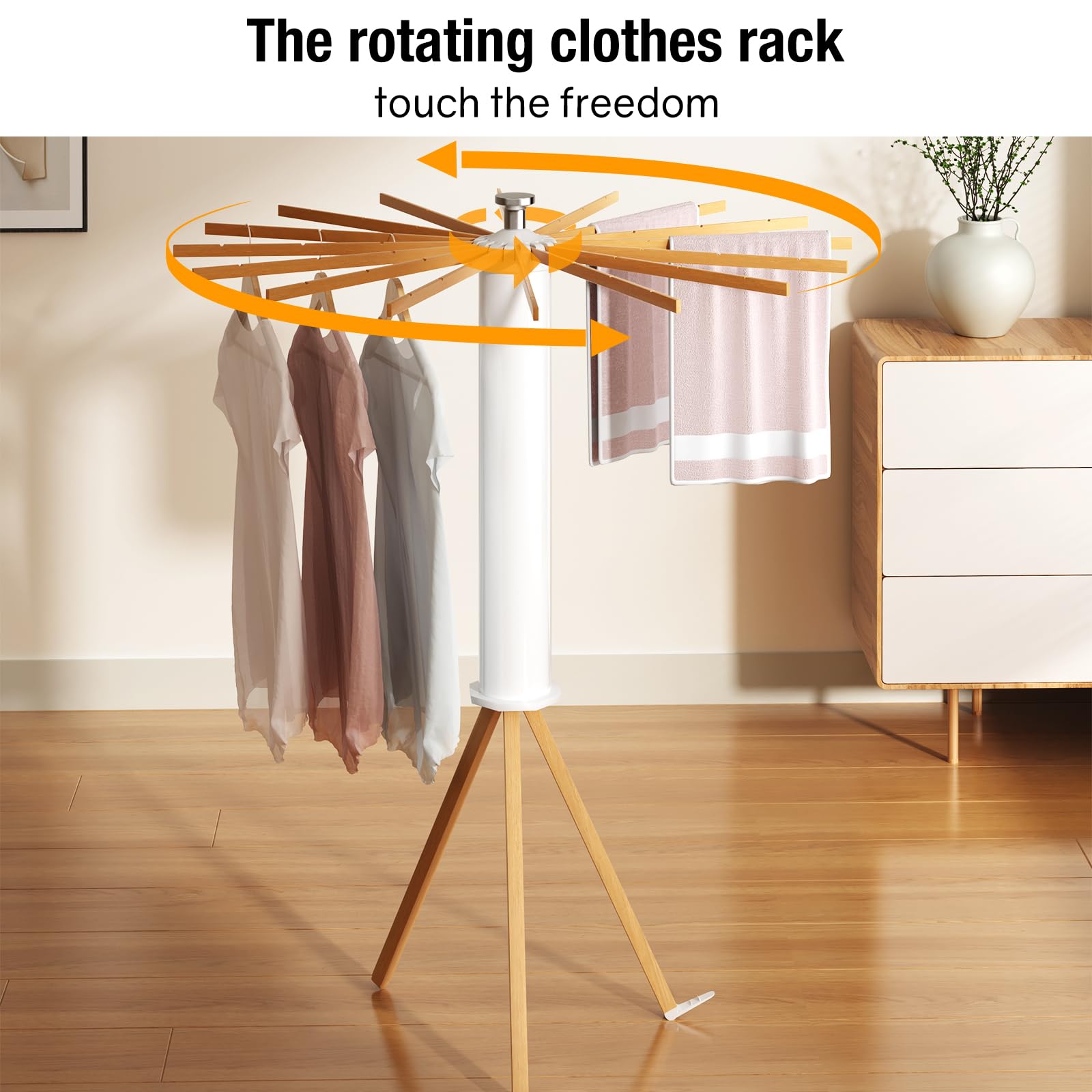 kenvc Tripod Clothes Drying Rack, Folding Space Saving Compact Laundry Drying Rack-16 Rotatable Arms for Hanger, Diameter 3.6FT, 3 Legs for Indoor Outdoor Apartment Balcony (Wood)