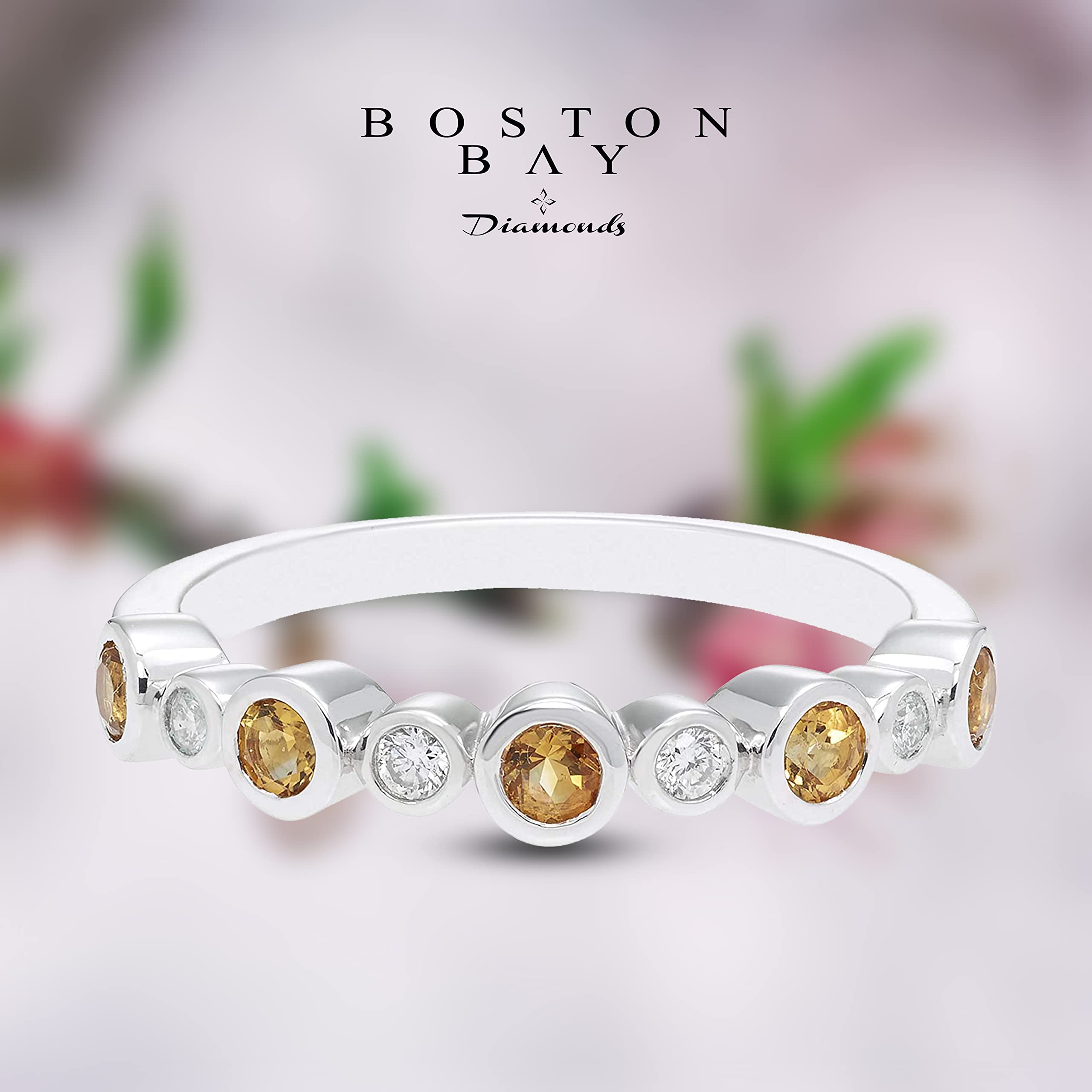 Boston Bay Diamonds .925 Sterling Silver 1/12 Cttw Diamond-Accented Natural Citrine Birthstone 9-Stone Bezel-Set Stacking Ring (I-J Color, I2-I3 Clarity) - Size 8