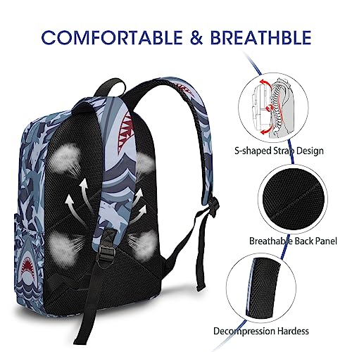 Lightweight Shark Boys School Backpack, Classic Bassic Bookbag for Middle School Students, Cute Shark Patterned Casual Daypack for College, Travel, Work with 15-Inch Laptop Compartment, 17 IN-Grey