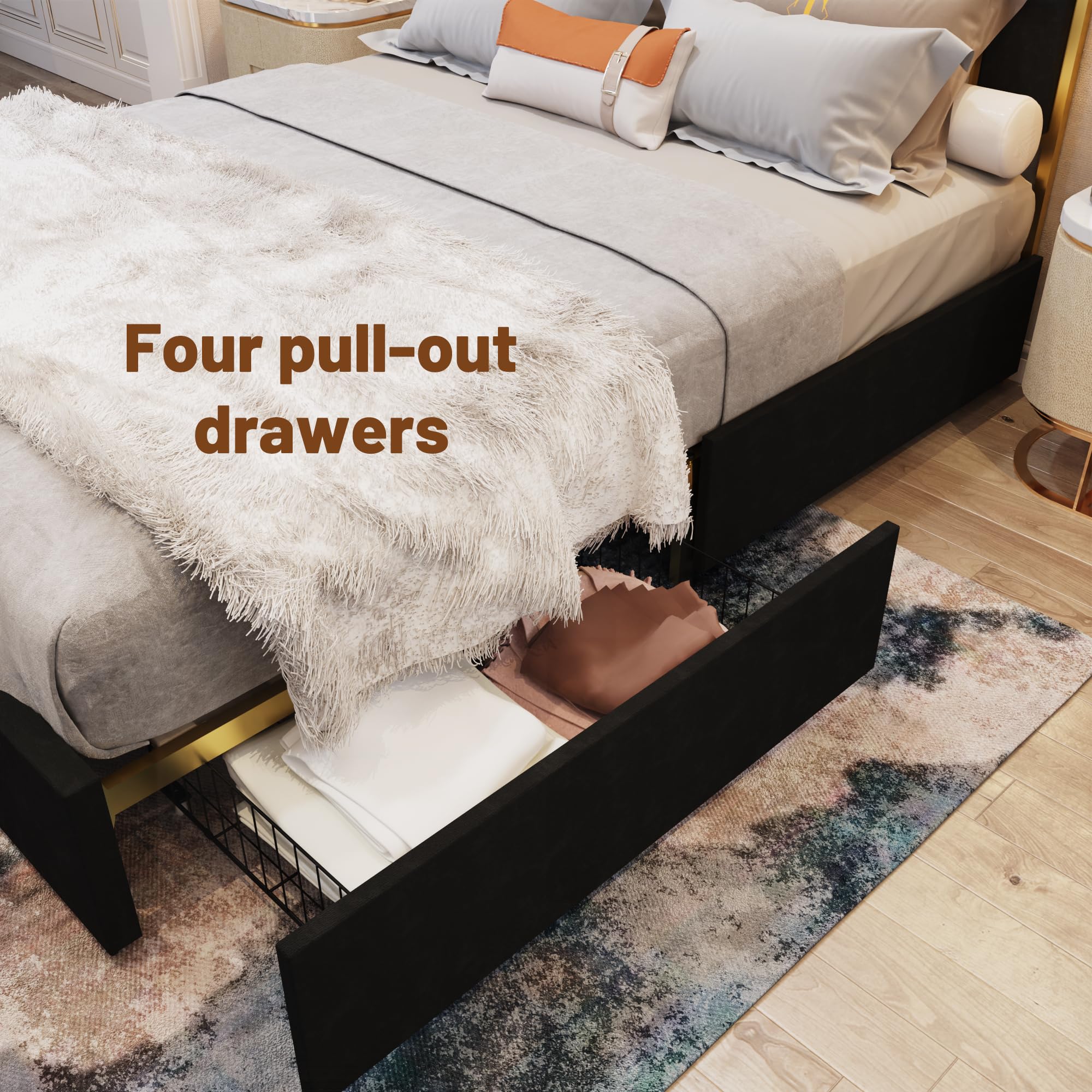 FSTAR Queen Size Bed Frame with Storage Drawers - High Headboard Upholstered Bedframe in Plush Velvet with Gold Accents (Beige Cream, Queen)