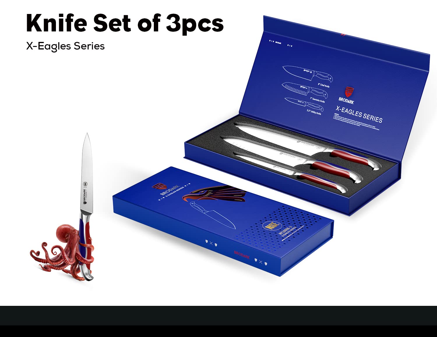 BRODARK Chef Knife, NSF Certified Kitchen Knife Set 3pcs, Aerospace Grade 4Cr9Si2 Stainless Steel Knife Set, Full-Tang Structure Knife with Gift Box, X-Eagles Series Red&Blue