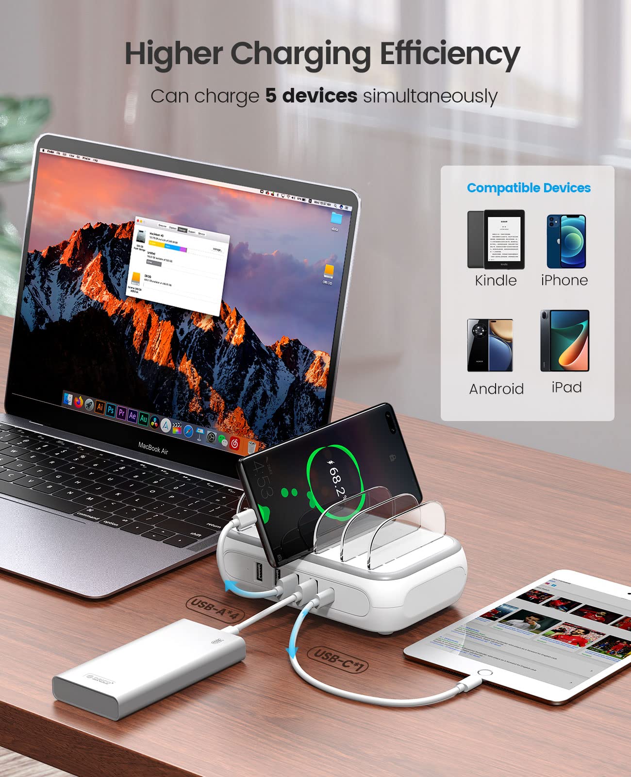 Charging Station for Multiple Devices, ORICO 5 USB Port 50W Fast Charging Dock PD 20W USB C Charger Station with Detachable Dividers,Compatible with iPhone,iPad,Samsung,Android and Tablet (White)