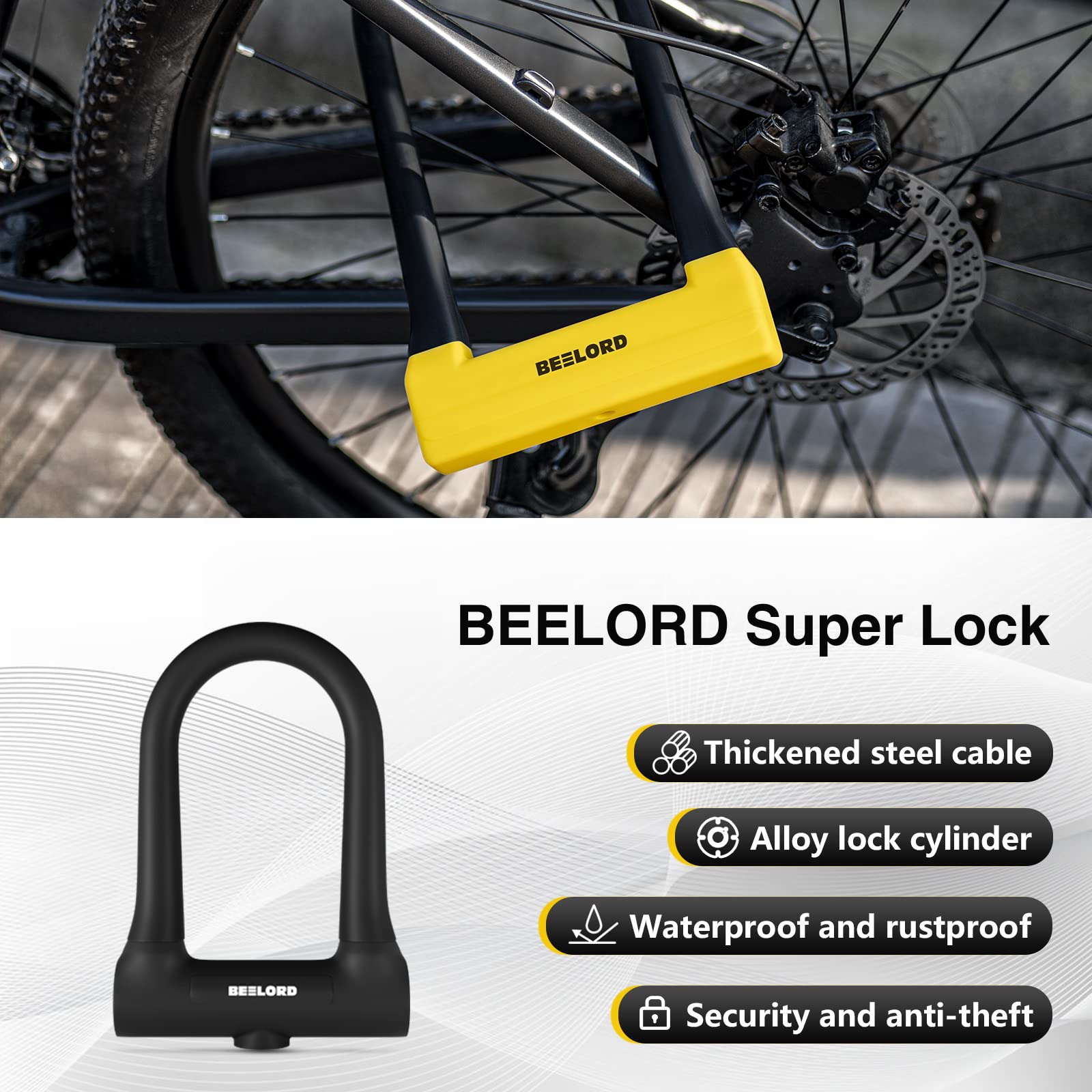 BEELORD Bike U-Lock, Heavy Duty Anti-Theft Bicycle U Lock, 18mm Shackle with Keys, Security Lock for Bicycles, E-Bikes, Scooters