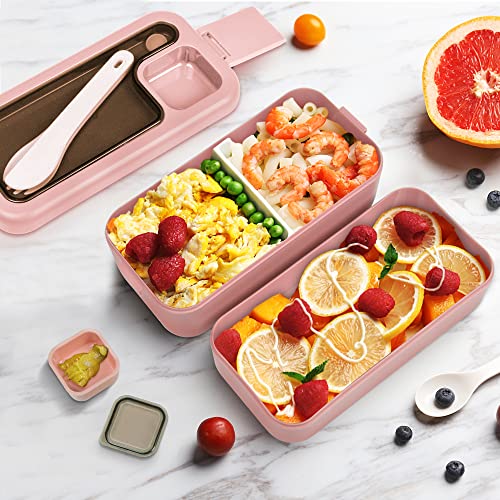 HONZUEN Bento Lunch Box 2 Layer, Adults Compartment Bento Box with Sauce Container, Stackable Meal Prep Container with Cutlery, Microwave Safe Leak-Proof Lunch Box for Men Woman (Pink)