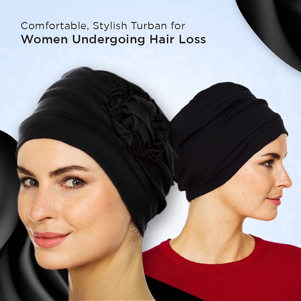 BEEMO Women’s Gathered Pleated Cancer Chemo Turban - Comfortable and Stylish - Black