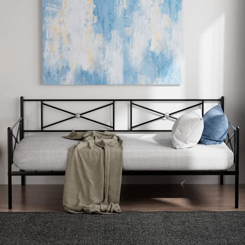 KOMFOTT Metal Daybed Frame, Twin Bed Frame with Steel Slats Support, Sofa Mattress Foundation with Headboard, No Box Spring Needed, Multifunctional Platform Bed Frame Fits Twin Mattress (Black)