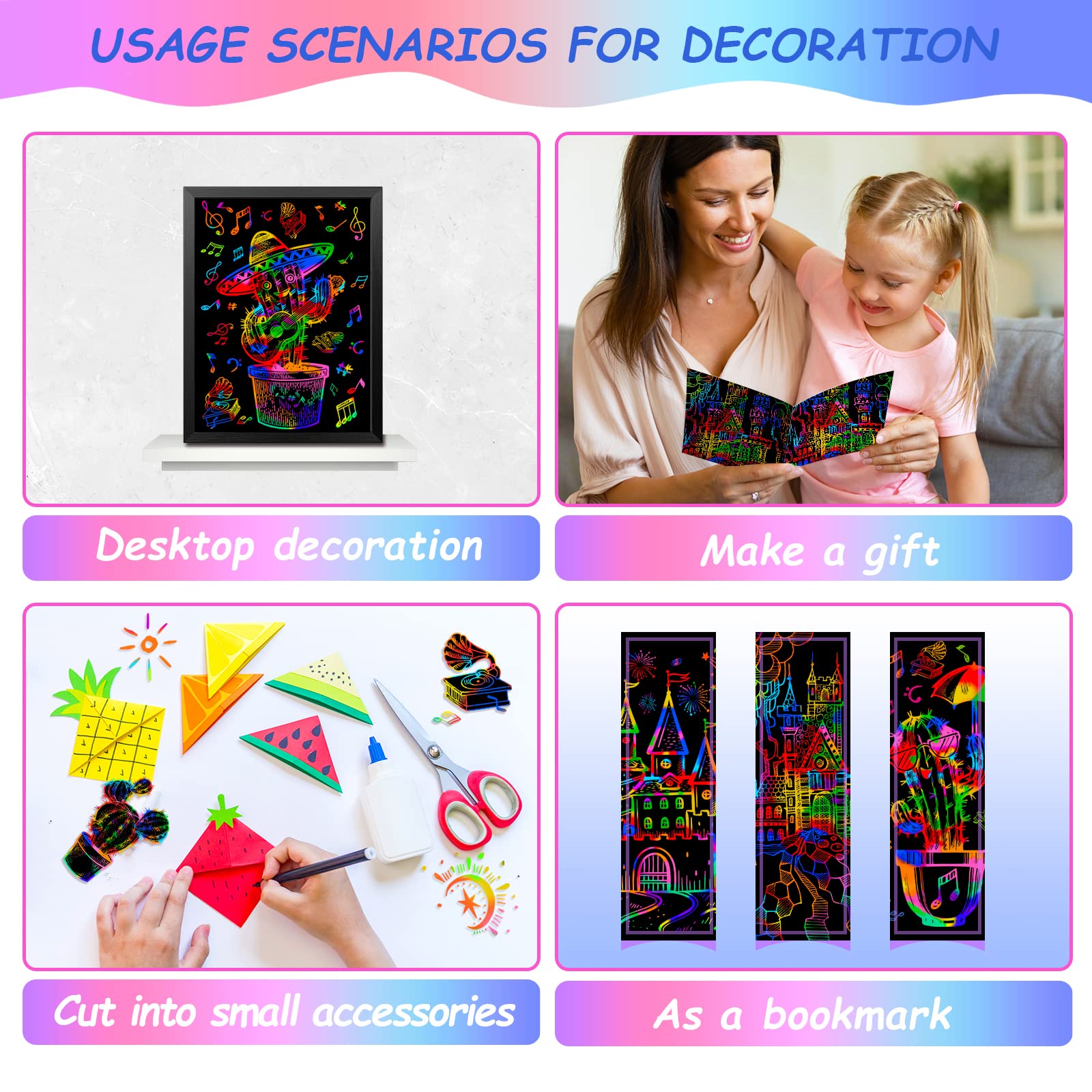 Scratch Art for Kids - 50 Pcs Black Scratch Off Art Paper, Rainbow Scratch Art with 5 Stylus and 4 Stencils, 4.9" X 7.1", Arts and Crafts for Kids Party Games Easter Christmas Birthday - Cactus