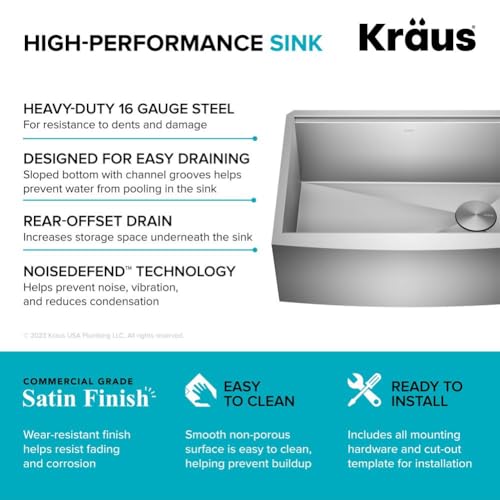KRAUS Kore 27-Inch Farmhouse Workstation 16 Gauge Single Bowl Stainless Steel Kitchen Sink with Accessories, KWF210-27