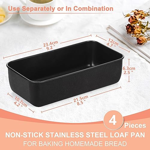 Herogo Non-Stick Loaf Pan Set of 4, Stainless Steel Rectangle Bread Loaf Pans for Baking Bread Meatloaf Brownie Lasagna, 9 x 5 Inch Black Meatloaf Baking Pan for Homemade Bread, Oven Safe