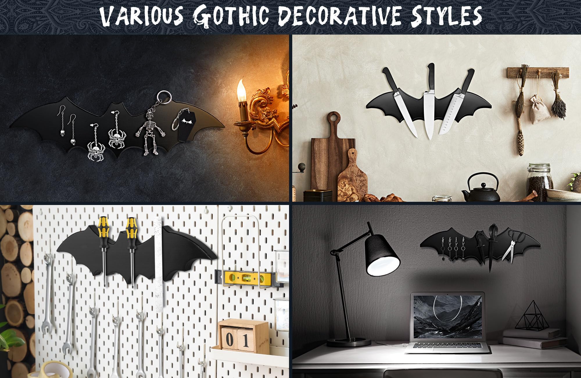 Faivykyd Bat Shape Magnetic Knife Holder, 15.8 Inch Black Knife Magnetic Strip for Gothic Wall Decor, Spooky Gothic Room Powerful Magnet Rack, Kitchen Utensils Organizer, Goth Lovers Gifts
