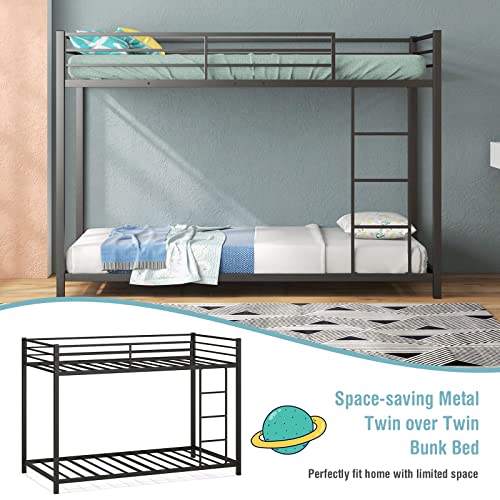 KOMFOTT Metal Low Bunk Bed Twin Over Twin, Heavy Duty Bunk Bed Frame with Ladder & Full-Length Guardrails, Metal Slatted Floor Bed Frame for Teens & Adults, No Box Spring Needed (Black)