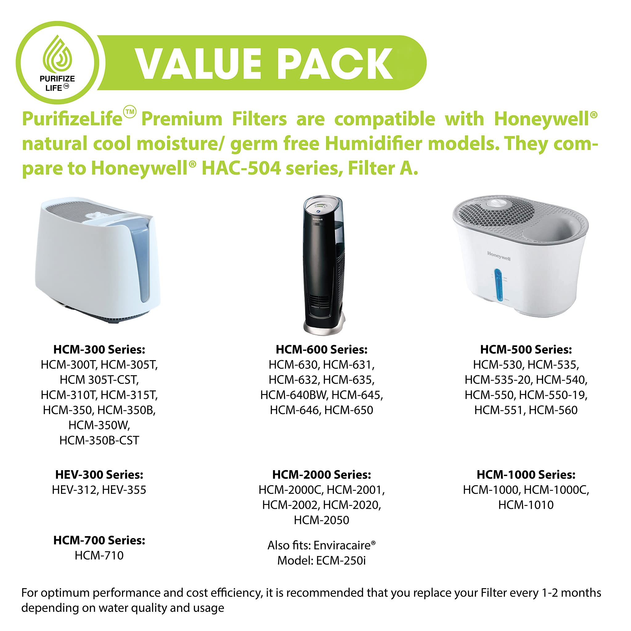PURIFIZE LIFE Premium Replacement Wick Filter for Honeywell Humidifier HAC-504, HAC-504AW, HAC504, Filter A, HCM-350, HCM 350, HCM350W, HCM-315T, HCM-600, HCM-710 and Other Cool Mist Models (3 Pack)